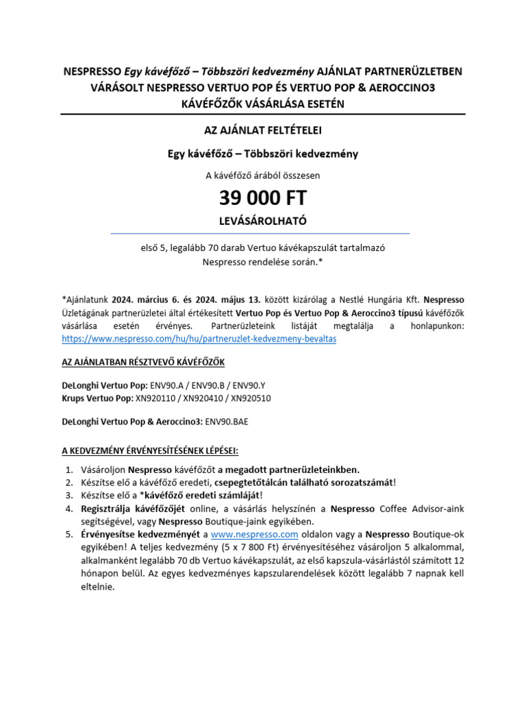 Nespresso Trade Refund Ajanlat Promocio Feltetelek Vertuo Pop 06-03-2024 | PDF