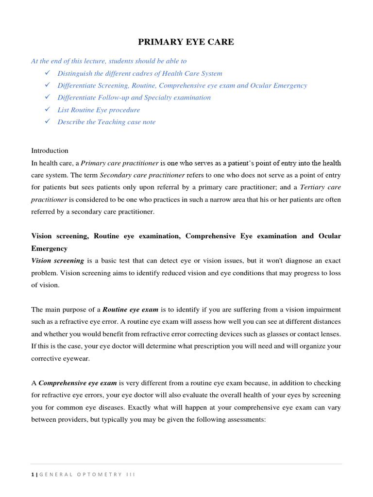 l1 - Primary Eye Care | PDF | Optometry | Human Eye