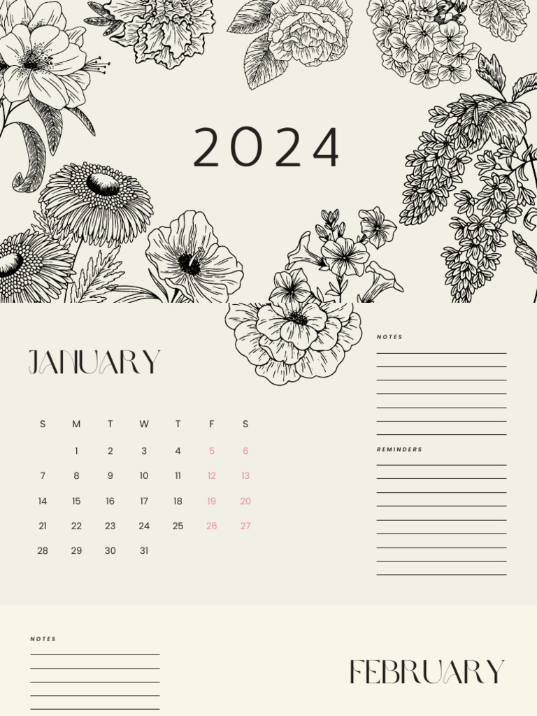 Black and White Minimalist Floral Illustration 2024 Calendar | PDF