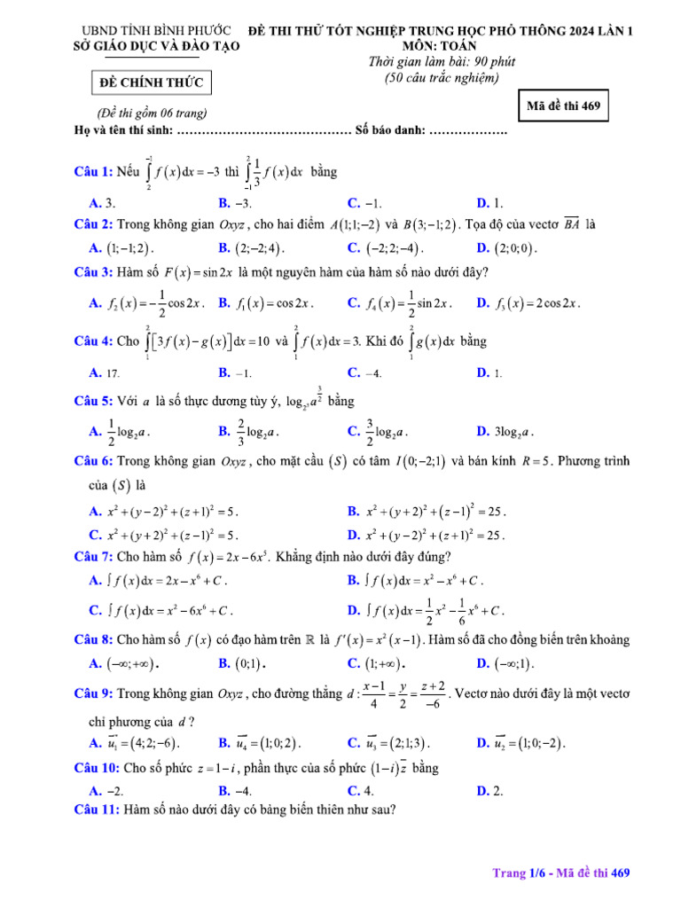 De Thi Thu Tot Nghiep THPT 2024 Mon Toan Lan 1 So GDDT Binh Phuoc | PDF