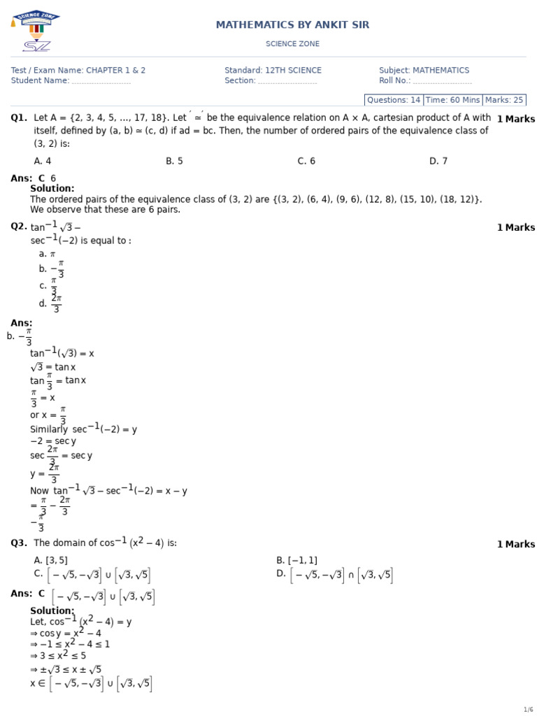 Chapter 1 & 2-12th Science-mathematics-Answersheet | PDF | Mathematical Relations | Mathematical ...