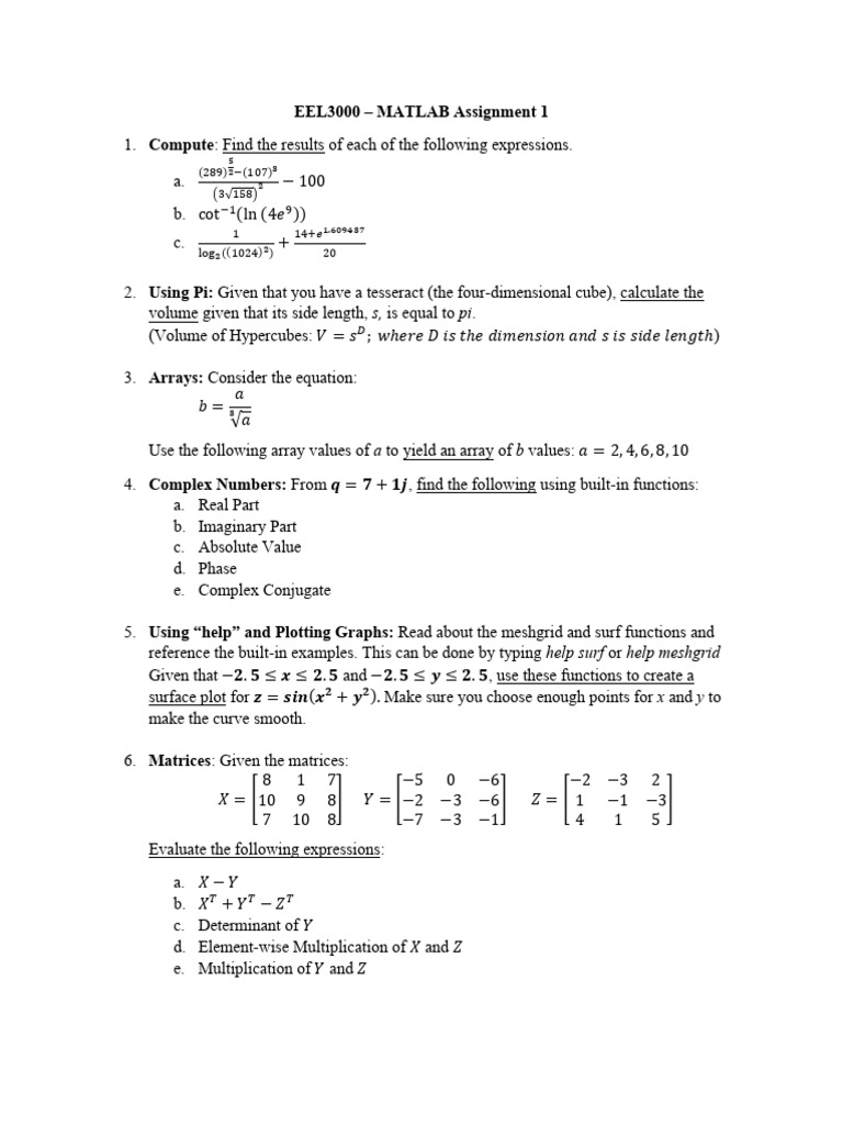 MATLAB Assignment 1 | PDF | Matrix (Mathematics) | Complex Number MATLAB Assignment 1 | PDF | Matrix (Mathematics) | Complex Number
