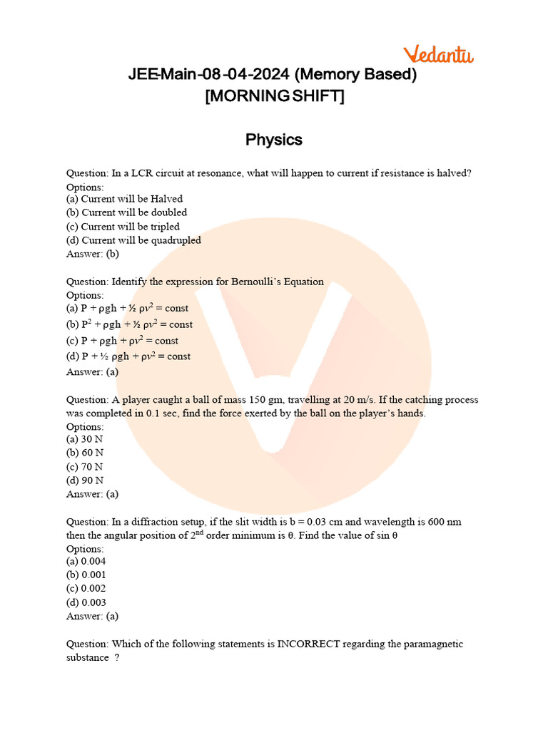 JEE Main 2024 (April 8 Shift 1) Physics Question Paper with Solutions ... JEE Main 2024 (April 8 Shift 1) Physics Question Paper with Solutions ...