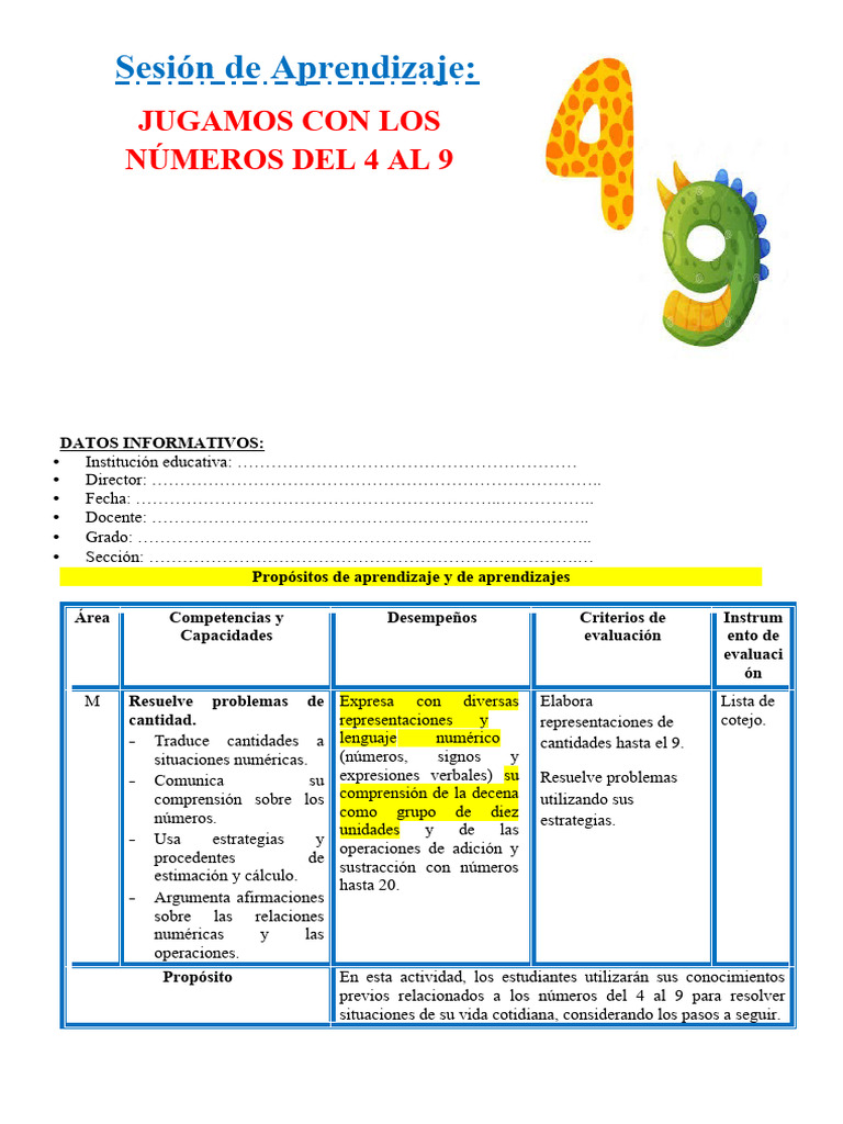 1° Sesión Día 2 Mat Jugamos Con Los Números Del 4 Al 9 | PDF | Maestros ...