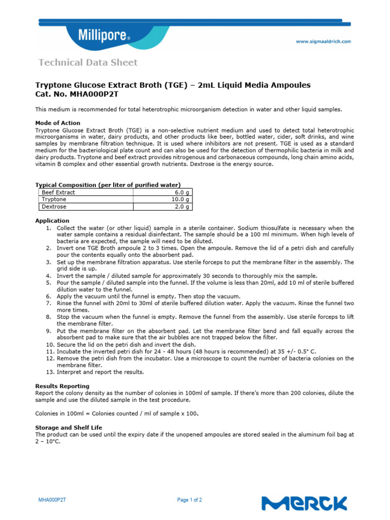 Ficha Técnica M-Tge Merck | PDF | Growth Medium | Filtration