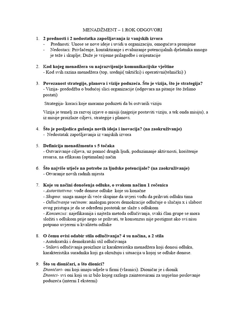 Menadzment - Odgovori Za 1.rok | PDF