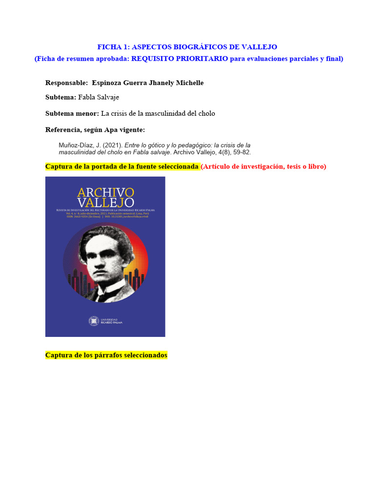 Ficha 1 - Aspectos Biográficos de Vallejo | PDF | Masculinidad