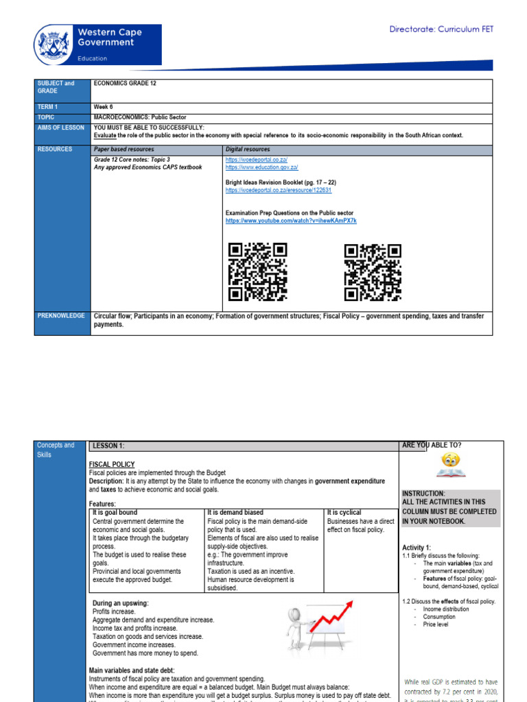 Economics Grade 12 Term 1 Week 6 - 2021 | PDF | Taxes | Fiscal Policy
