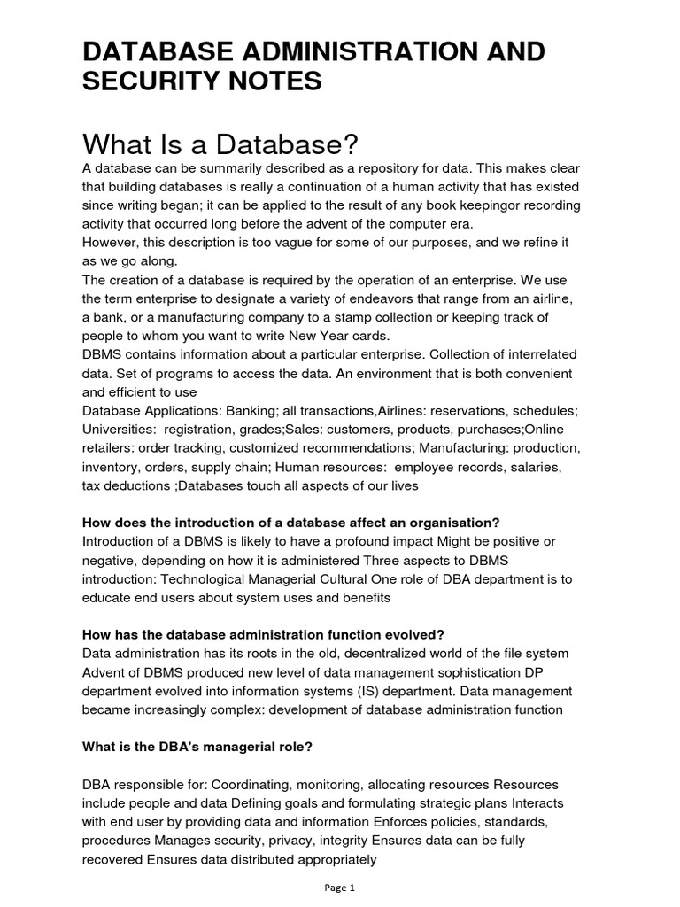 Database Administration and Security Revised Notes Ver 3.0 | Download ...