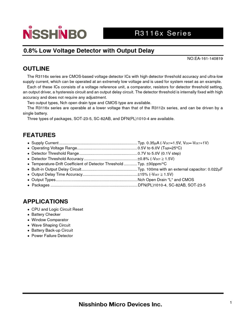 R3116x Series: 0.8% Low Voltage Detector With Output Delay | PDF | Computer Engineering ...