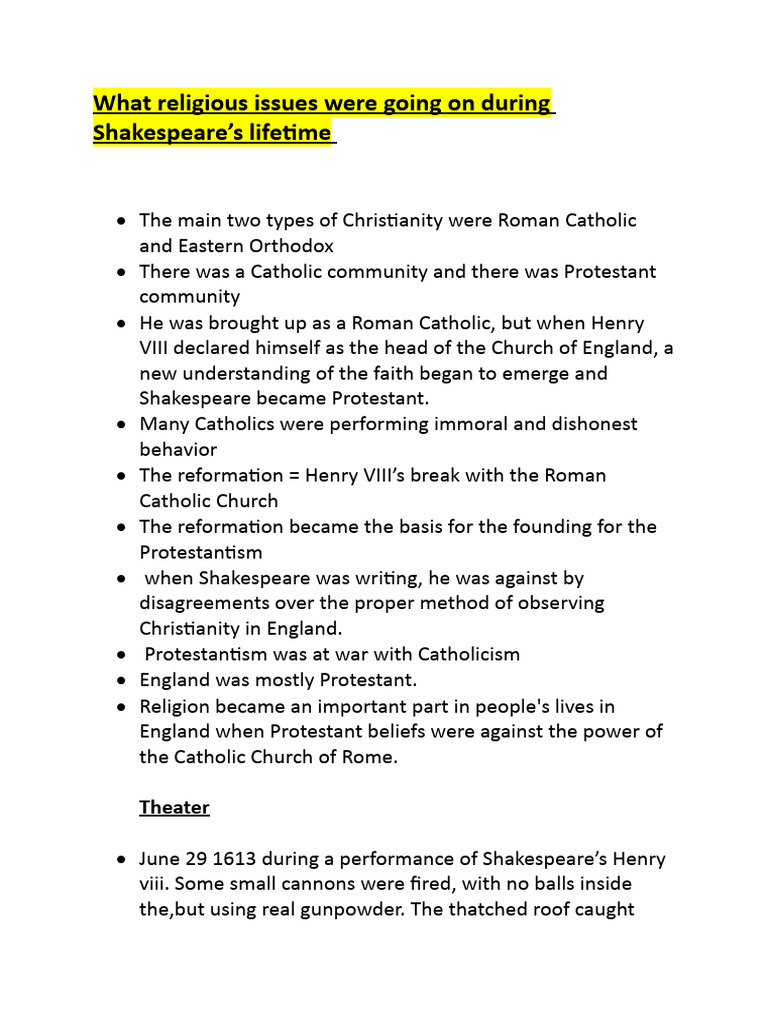 What Religious Issues Were Going On During Shakespeare's Lifetime | PDF ...