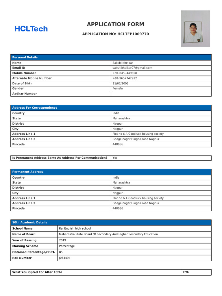 HCLTech Application Form for Sakshi Khelkar | PDF