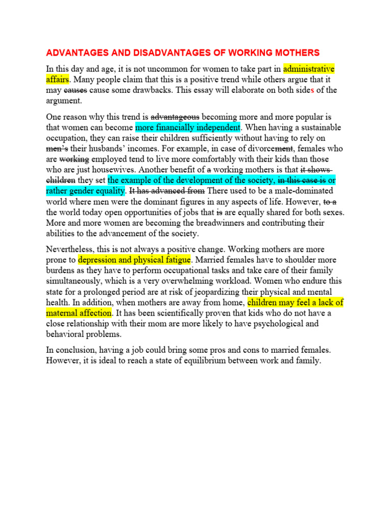 Advantages and Disadvantages of Working Mothers | PDF | Lifestyle ...