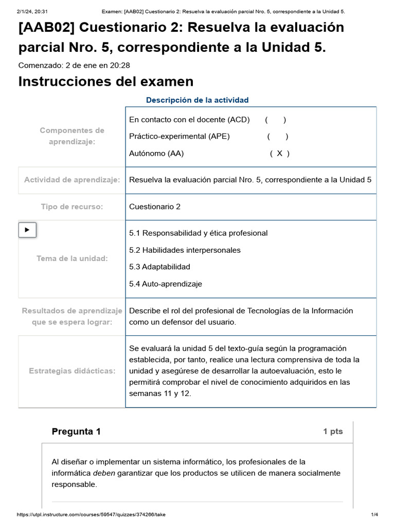 Examen - (AAB02) Cuestionario 2 - Resuelva La Evaluación Parcial Nro. 5, Correspondiente A La ...