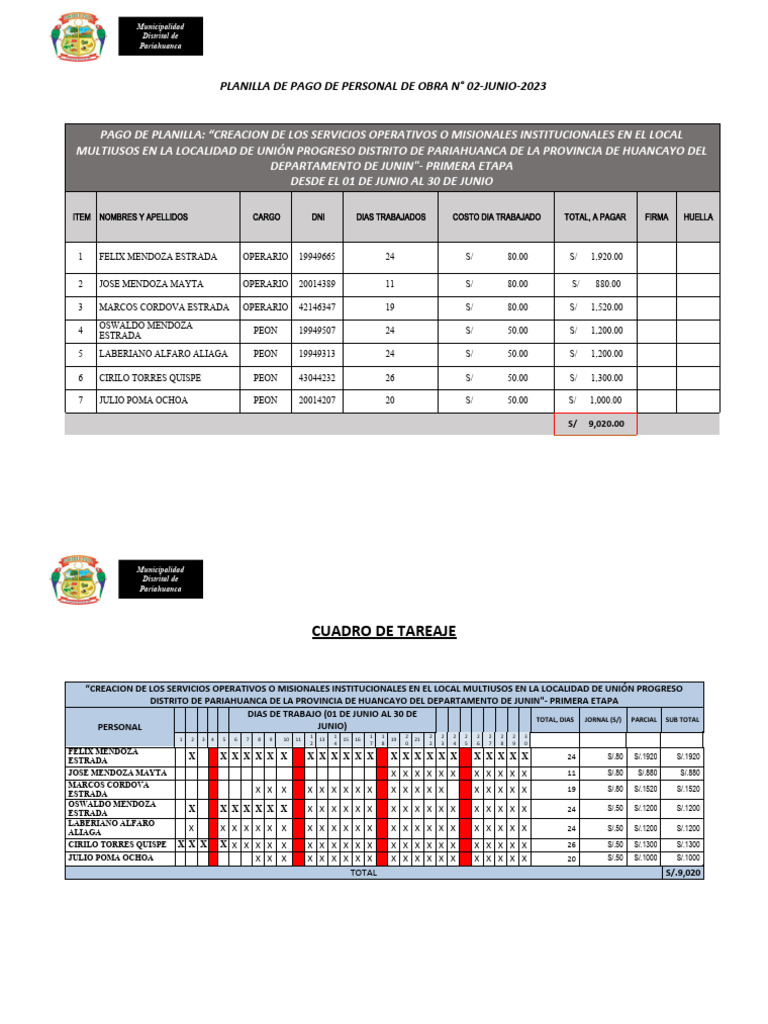 Pago de Planilla Mes de Junio | PDF