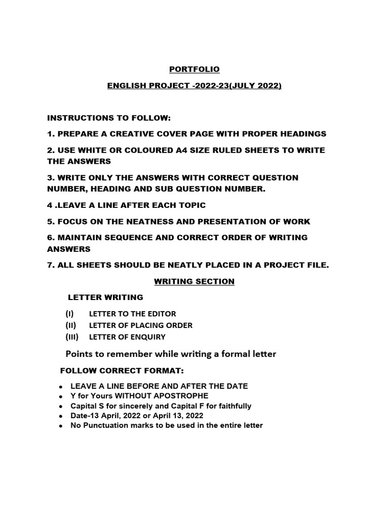 EXERCISES FOR PORTFOLIO Class 10 English | PDF