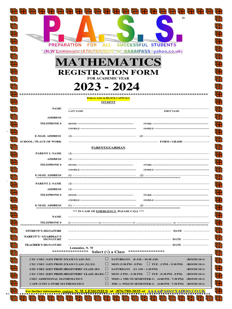 P.a.S.S. Registration Form (2023-2024) | PDF | Mathematics