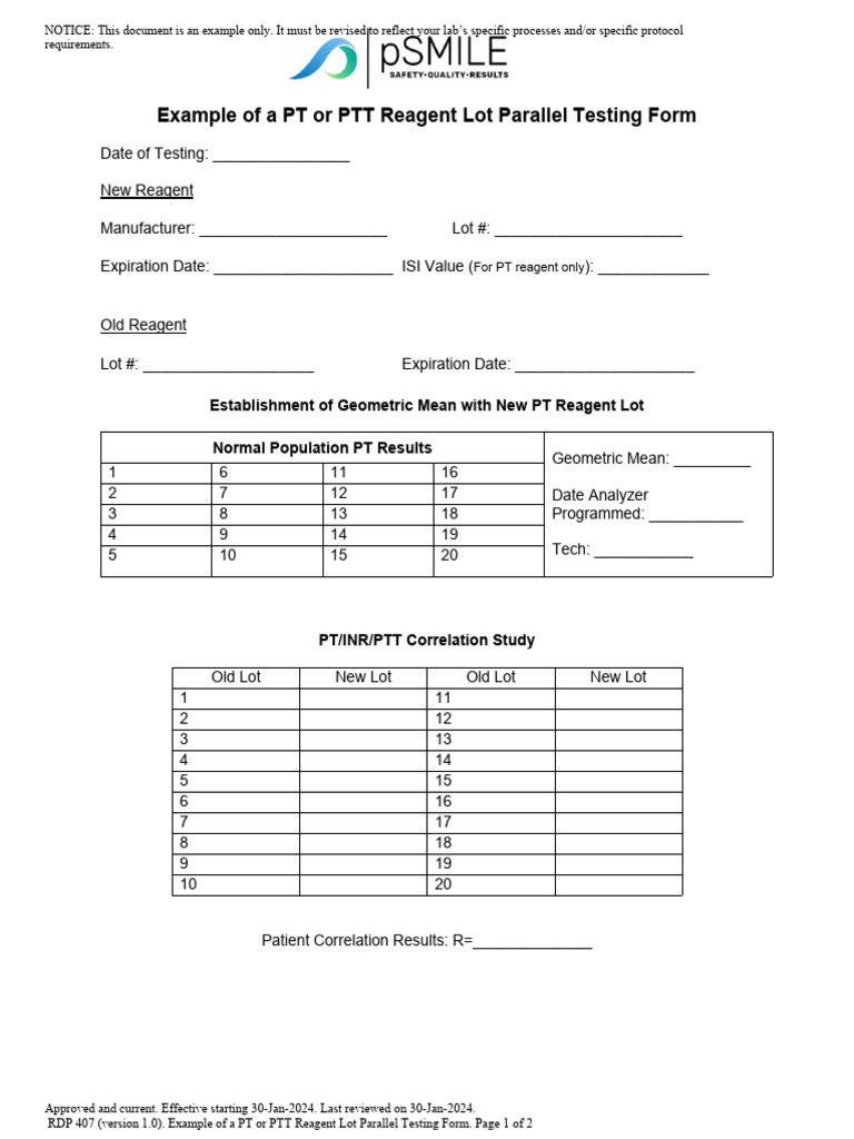 RDP 407 Example of A PT or PTT Reagent Lot Parallel Testing Form | PDF ... RDP 407 Example of A PT or PTT Reagent Lot Parallel Testing Form | PDF ...