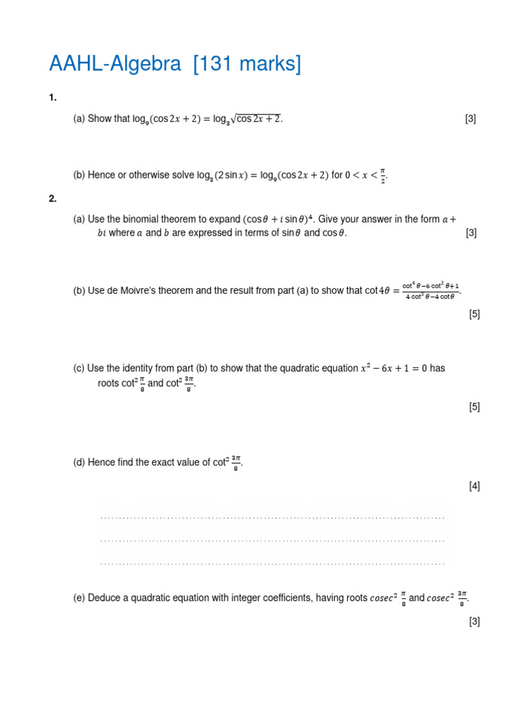 AAHL-Algebra Practice Paper | PDF | Elementary Mathematics | Complex ...