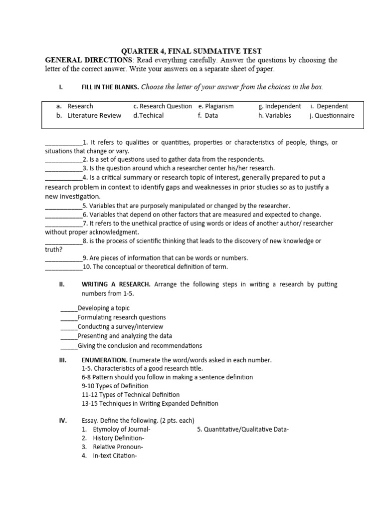 Q4 Final Summative Test on Research Concepts | PDF | Data | Inquiry