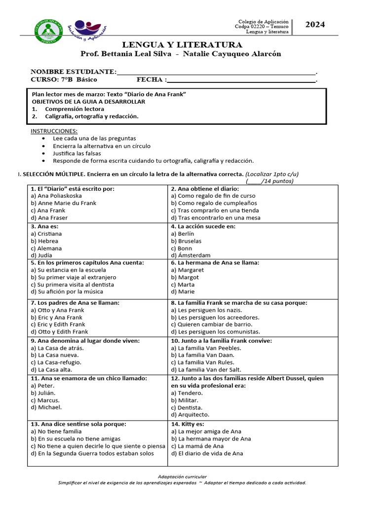 Prueba - de - Ana - Frank - Adaptada Davison | Descargar gratis PDF ...