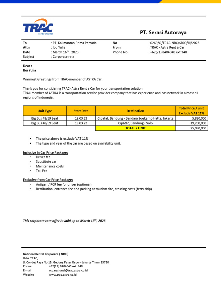 TRAC Big Bus Quotation - Kalimantan Prima Persada - 16 Maret 2023 | PDF ...