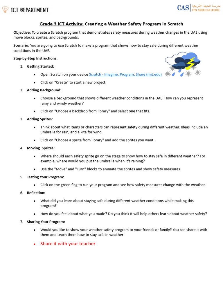 Grade 3 ICT Activity: Creating A Weather Safety Program in Scratch | PDF