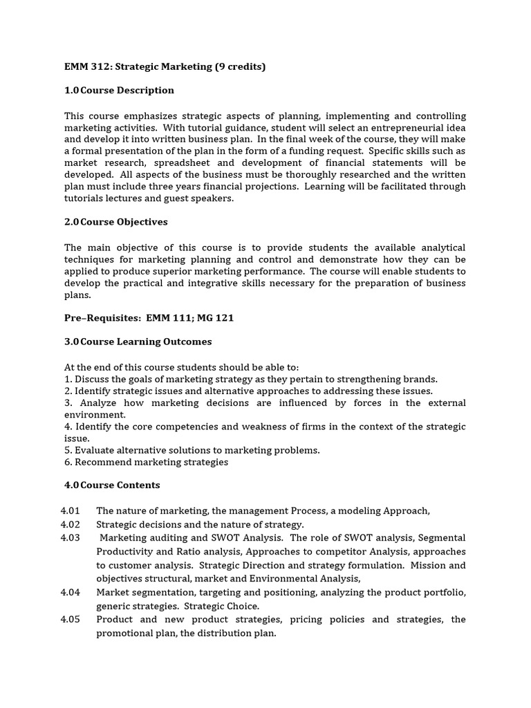 EMM 312 Strategic Marketing | PDF | Marketing | Strategic Management