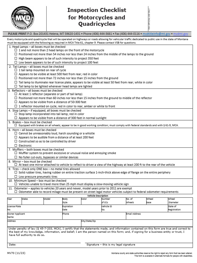 MV70 Inspection Checklist For Motorcycles and Quadricycles Fillable ...