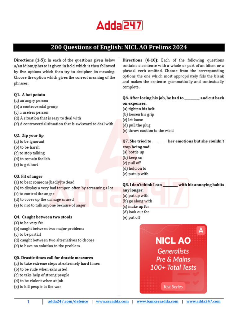 200 Questions of English NICL AO Prelims 2024 | Download Free PDF ...