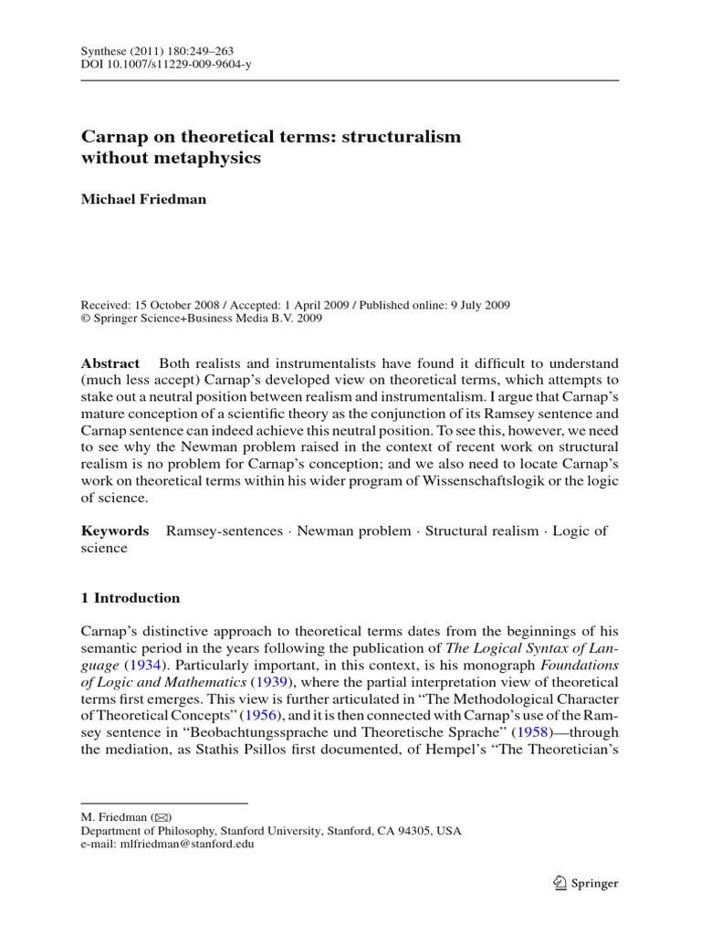 Friedman, Carnap On Theoretical Terms Structure Without Metaphysics | PDF | Theory | Axiom