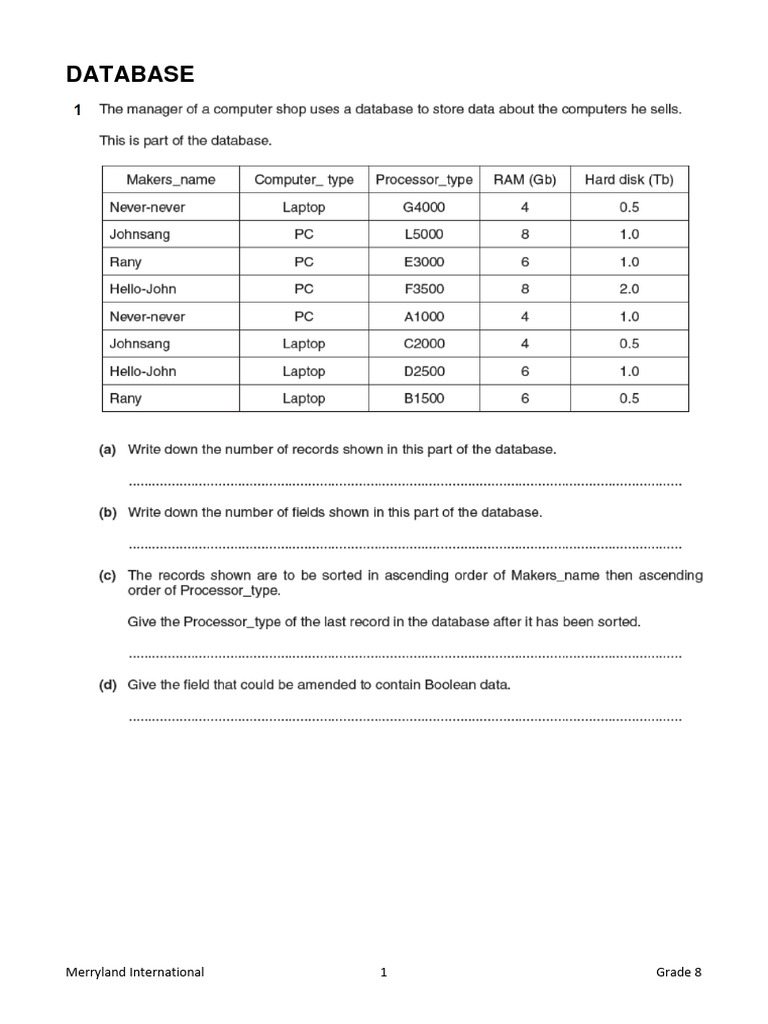 Database Sort Worksheet | PDF