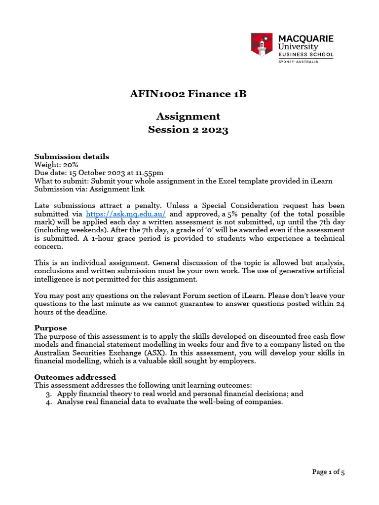 AFIN1002 Assignment Session 2 2023 | PDF | Spreadsheet | Income Statement