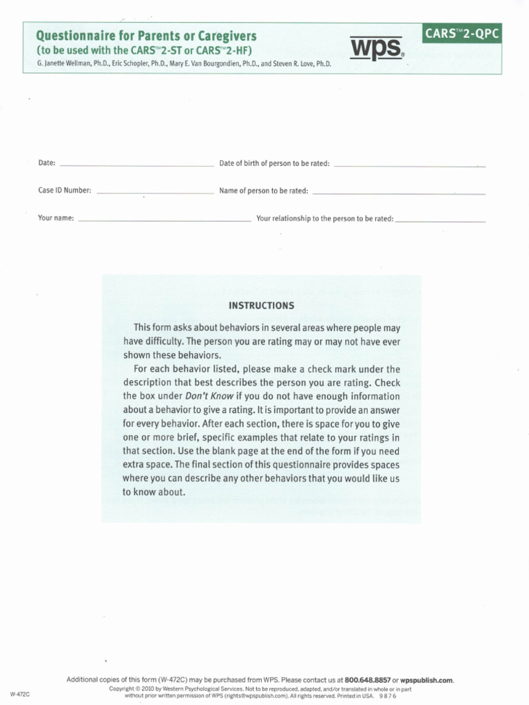 CARS 2 - Questionnaire For Parents or Caregivers | PDF