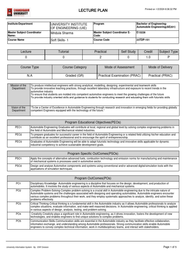 LecturePlan AE201 23TDP-151 | PDF | Engineering | Information