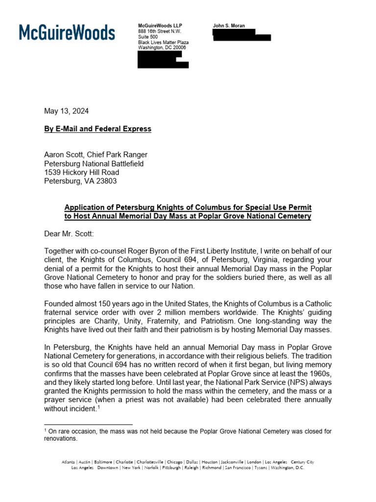 Letter To NPS Re Knights of Columbus Permit Application Redacted 1 | PDF | First Amendment To ...