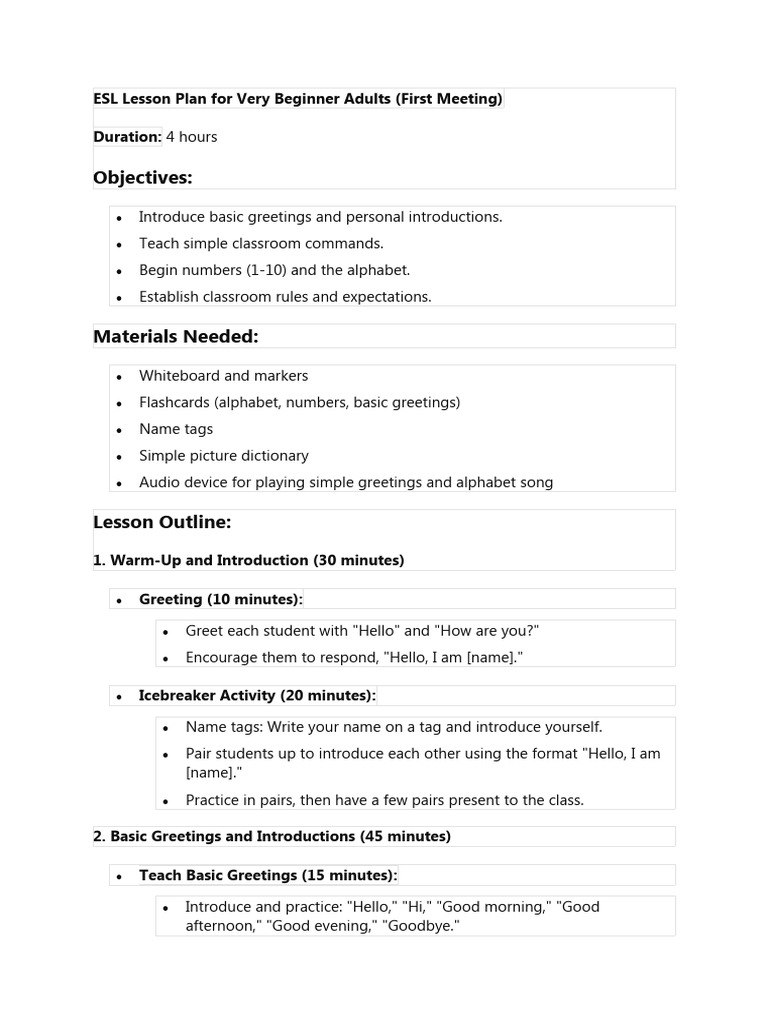 ESL Beginner Lesson Plan for Adults | PDF | English Language | Linguistics