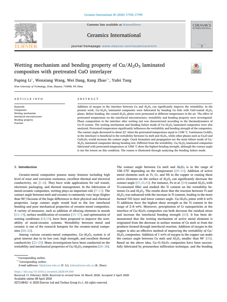 Wetting mechanism and bending property of Cu/Al2O3 laminated composites ...