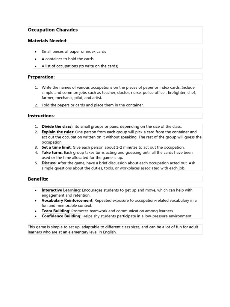 Occupation Charades | PDF | Career & Growth