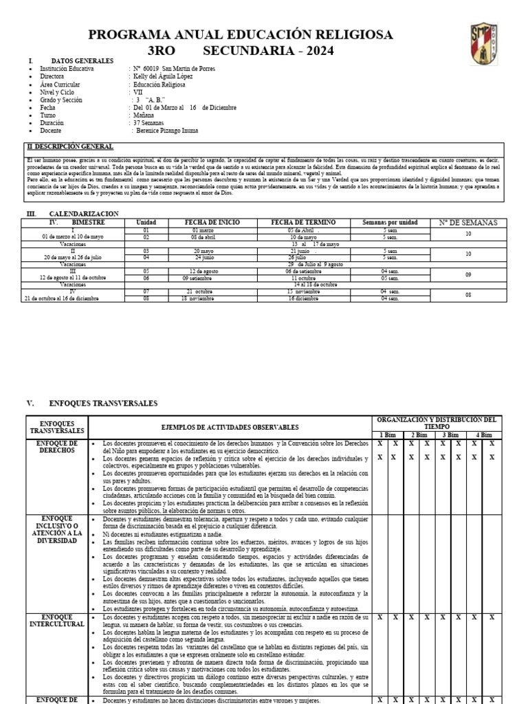 Programa Anual Educación Religiosa 3ro de Secundaria 2024 | PDF | Fe | Aprendizaje