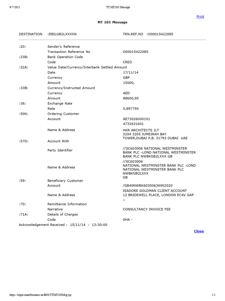TT Mt103 Message GBP 15 000 | PDF | Financial Services | Service Industries