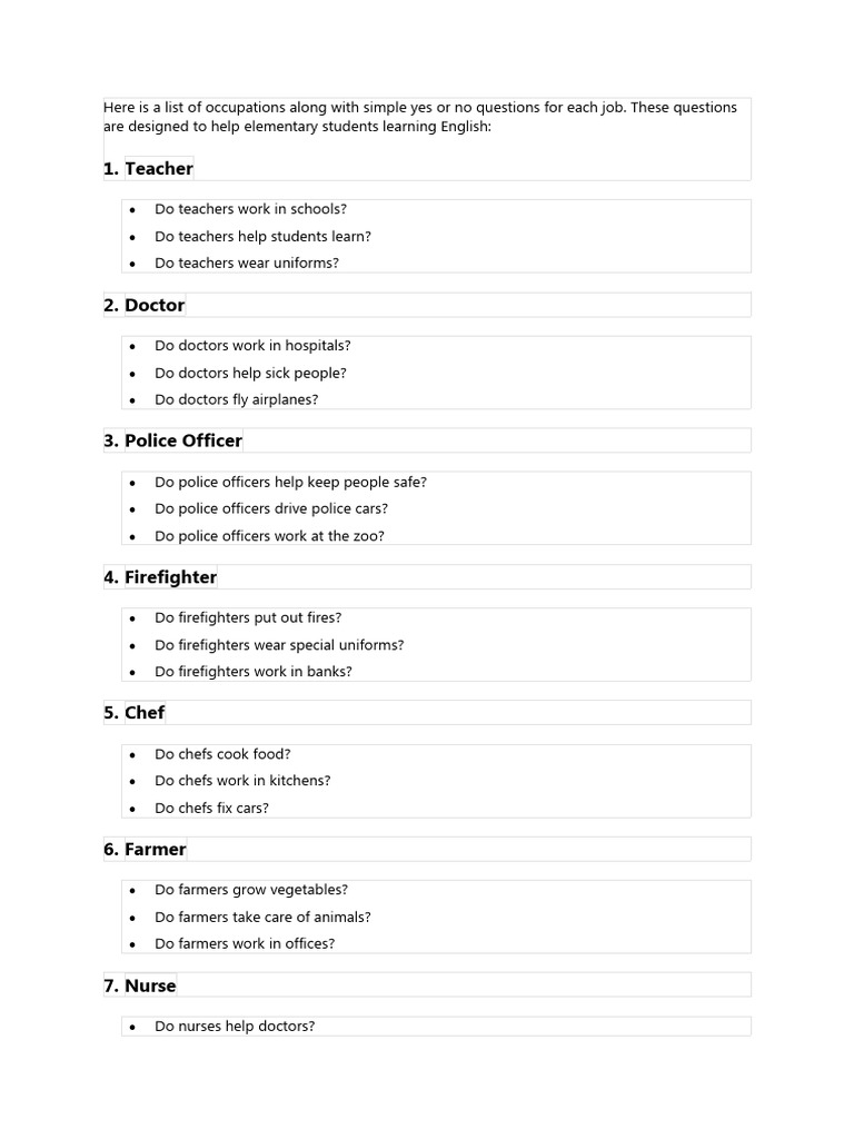 Here Is A List of Occupations Along With Simple Yes or No Questions For ...