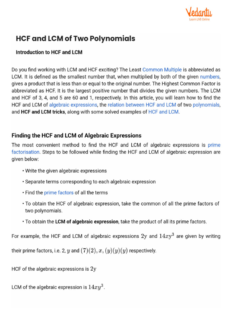 HCF and LCM of Two Polynomials | PDF