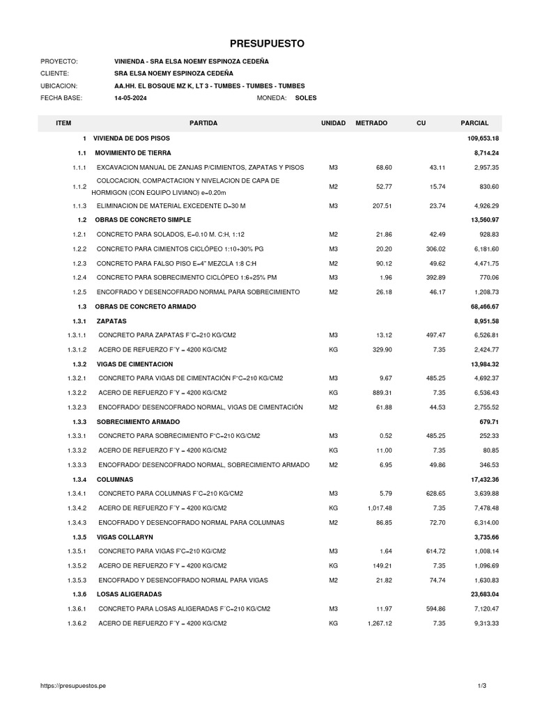 Presupuesto DE VIVIENDA | PDF | Fundación (Ingeniería) | Arquitectura