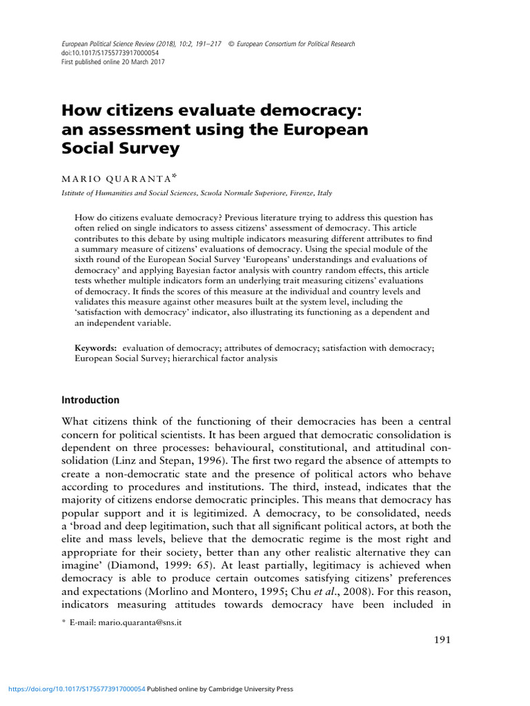 How Citizens Evaluate Democracy An Assessment Using The European Social ...