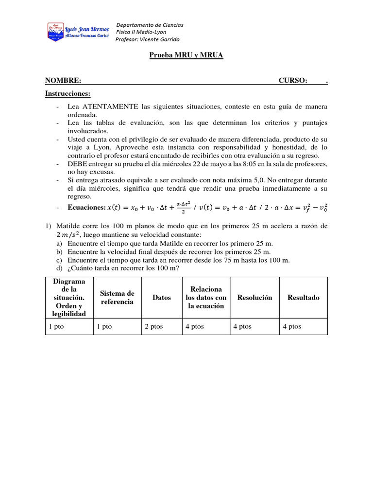 Ejercicios de MRU y MRUA para 2° Medio | PDF | Aceleración | Física