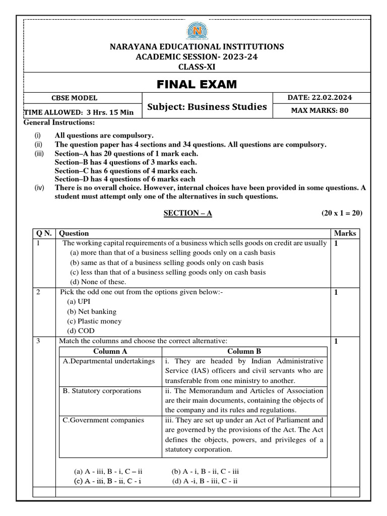 Xi-Bst-Final Exam-Question Paper | PDF | Insurance | Debenture