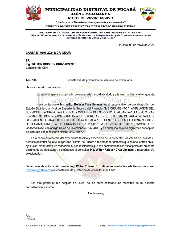 Carta N°101 - Constancia de Prestacion de Servicio de Consultoria de Obra | PDF
