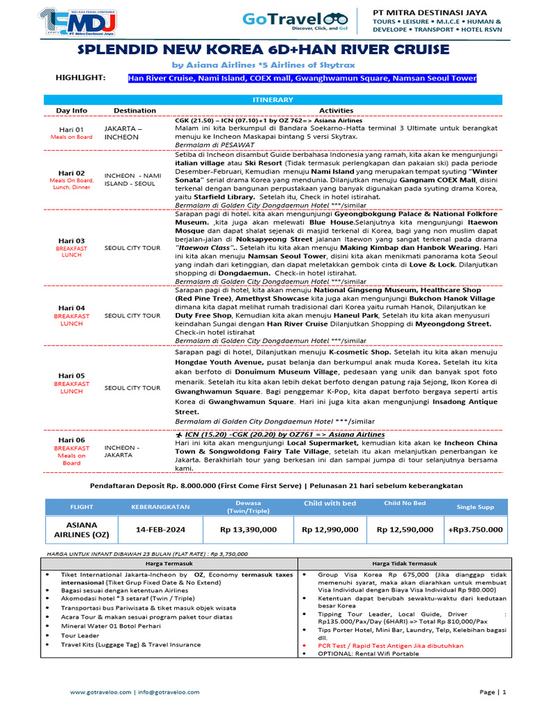 SPLENDID NEW KOREA 6D+HAN RIVER CRUISE VALENTINE 2024 Upd JAN 2024 | PDF