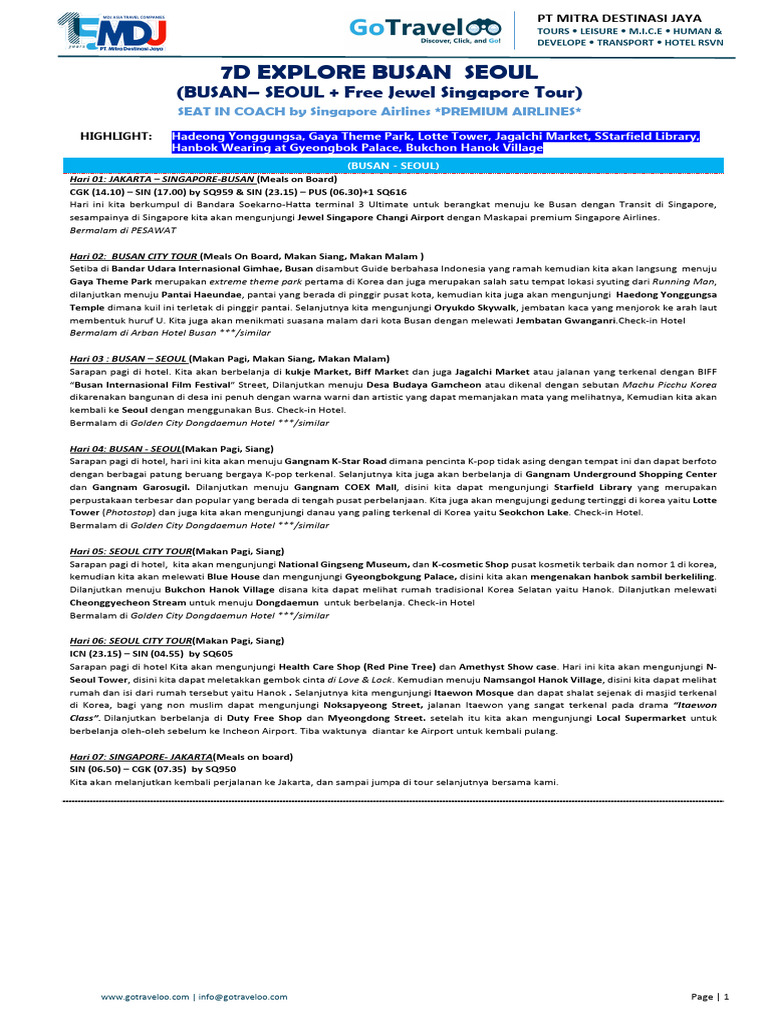 7D EXPLORE BUSAN-SEOUL FREE JEWEL 2024 Upd JAN 2024 | PDF